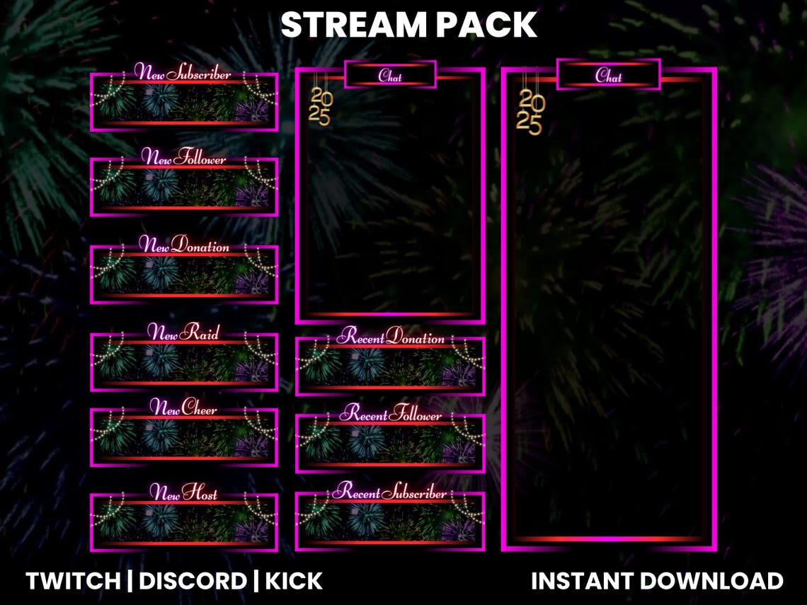 2025 New Year Fireworks Stream Pack | Animated OBS Overlay - Etsy
