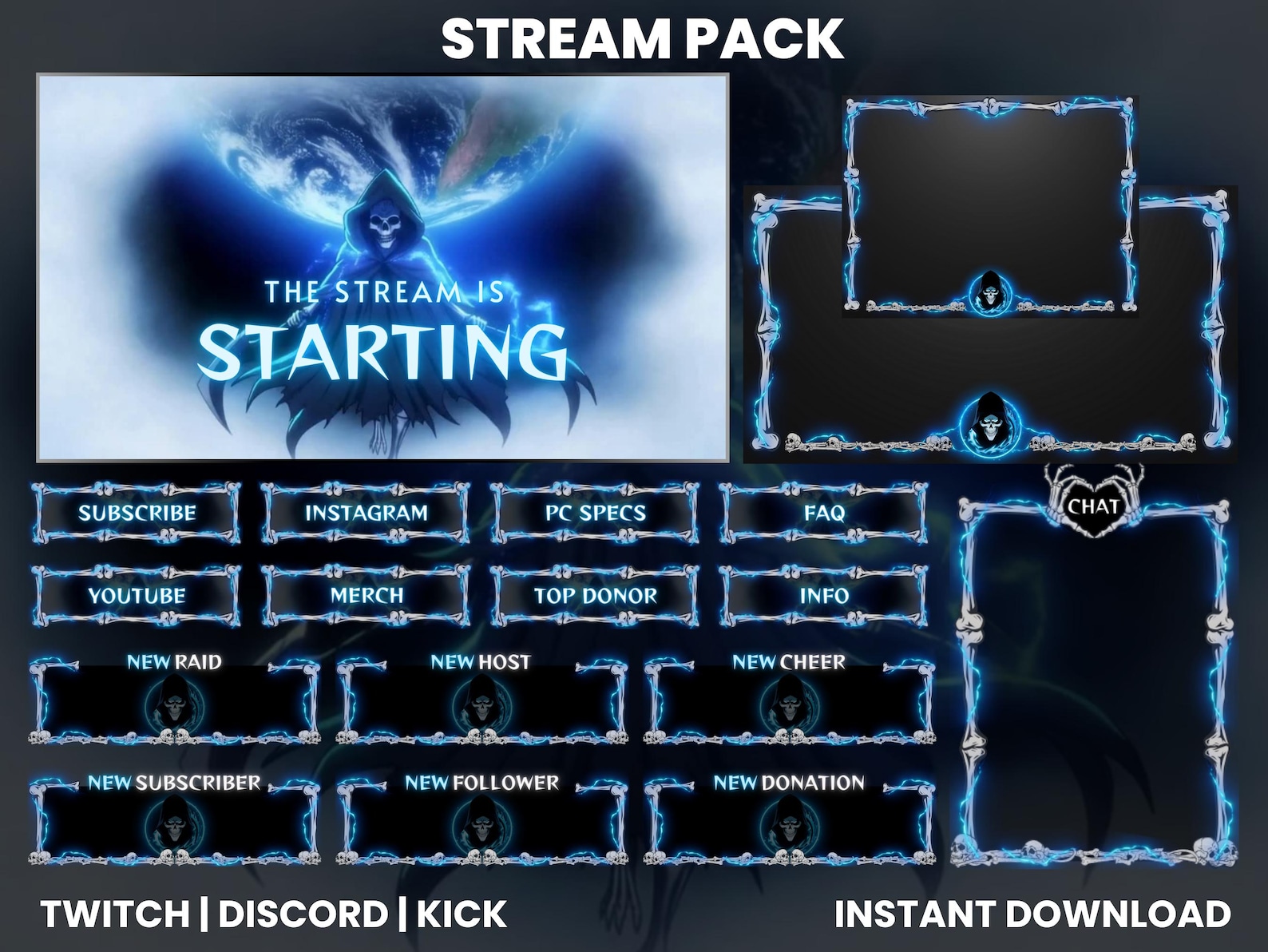 Blue Flame Skull Stream Overlay | Twitch Grim Reaper Theme - Etsy