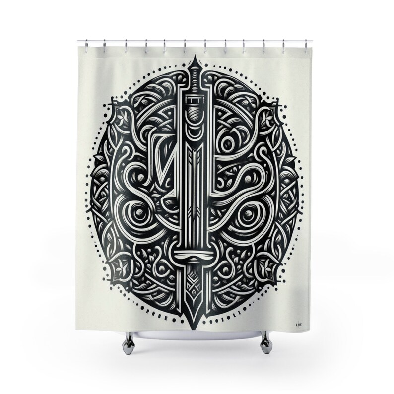 Vintage Black & White Medallion Shower Curtain Medieval Scroll Design ...
