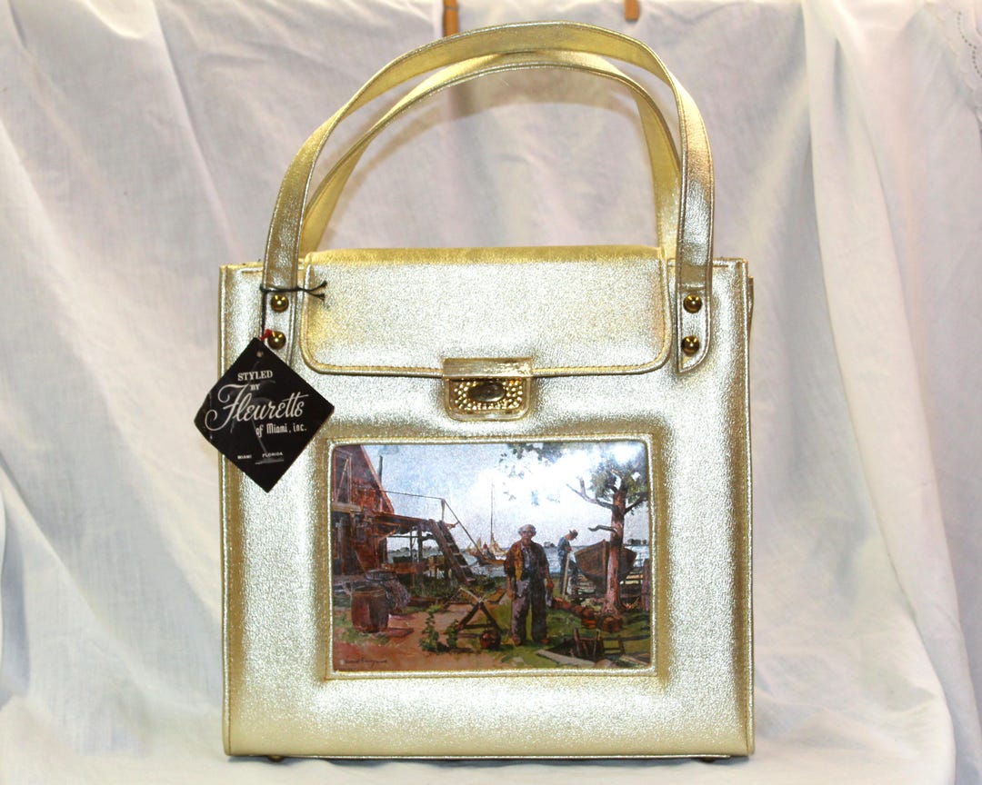 Vintage Fleurette Miami Handbag • 1950s Gold Vinyl Scenic Purse - Etsy