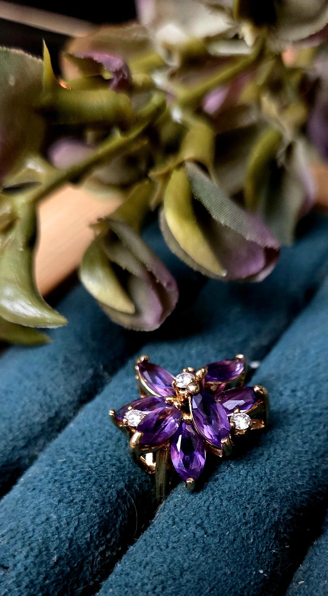 Vintage 14KP Yellow Gold Amethyst and Diamond Ring Size 4.5 - Etsy