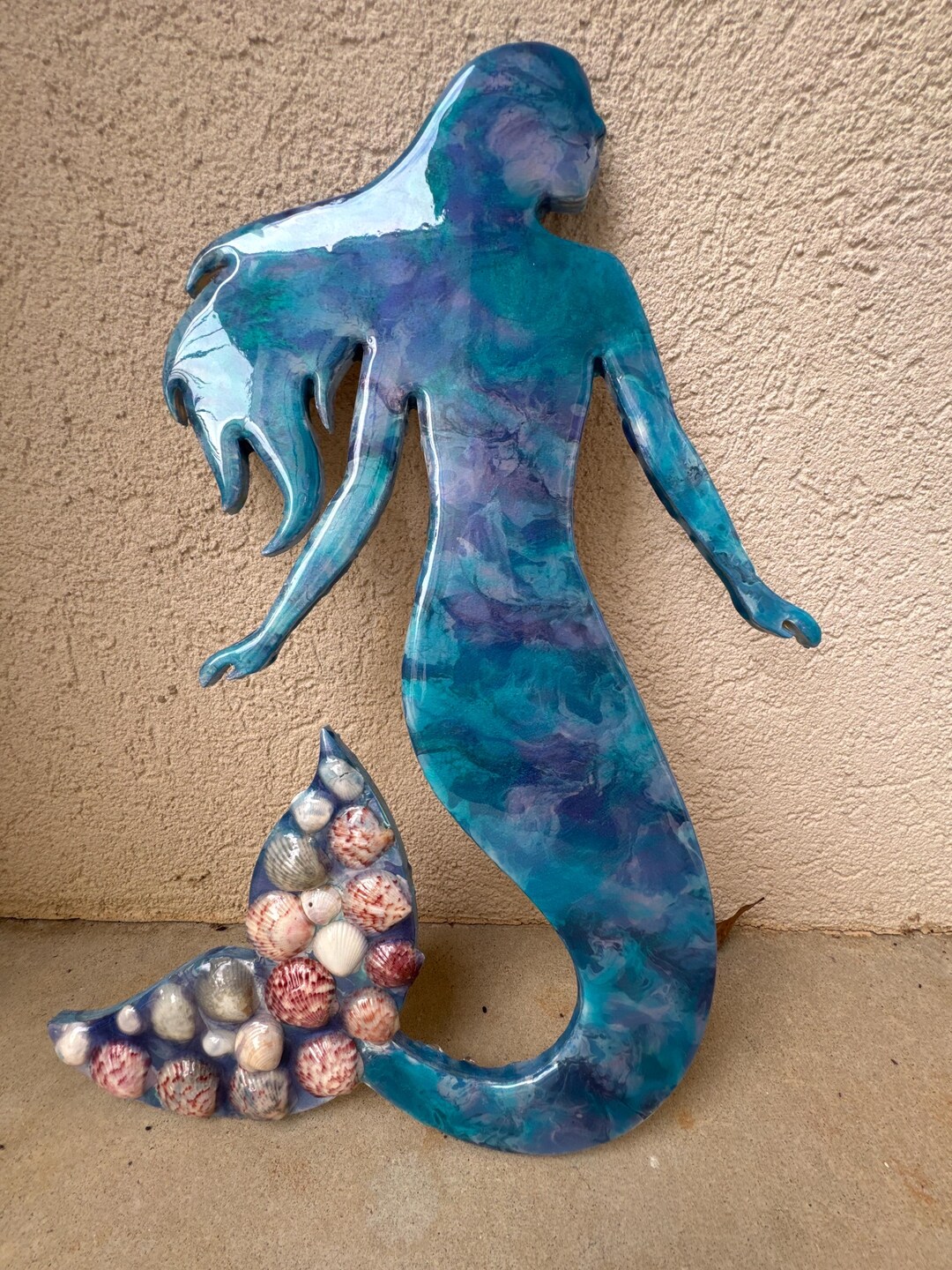 Handmade Wood Mermaid Art - Coastal Resin - Seashell Decor in Blues ...