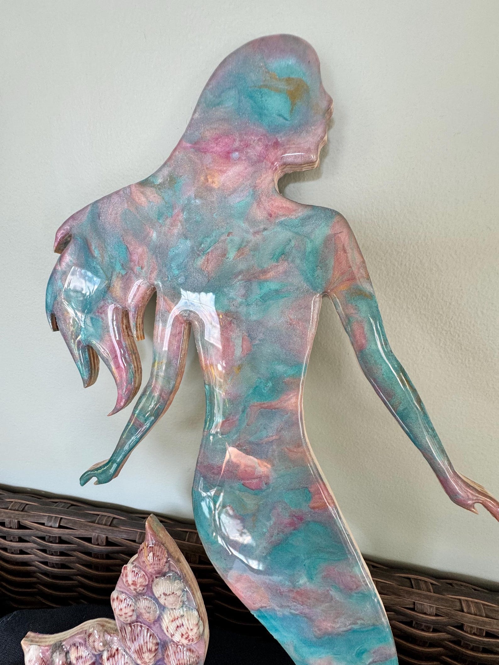 Handmade Wood Mermaid Art - Coastal Resin - Seashell Decor in Pale Pink ...