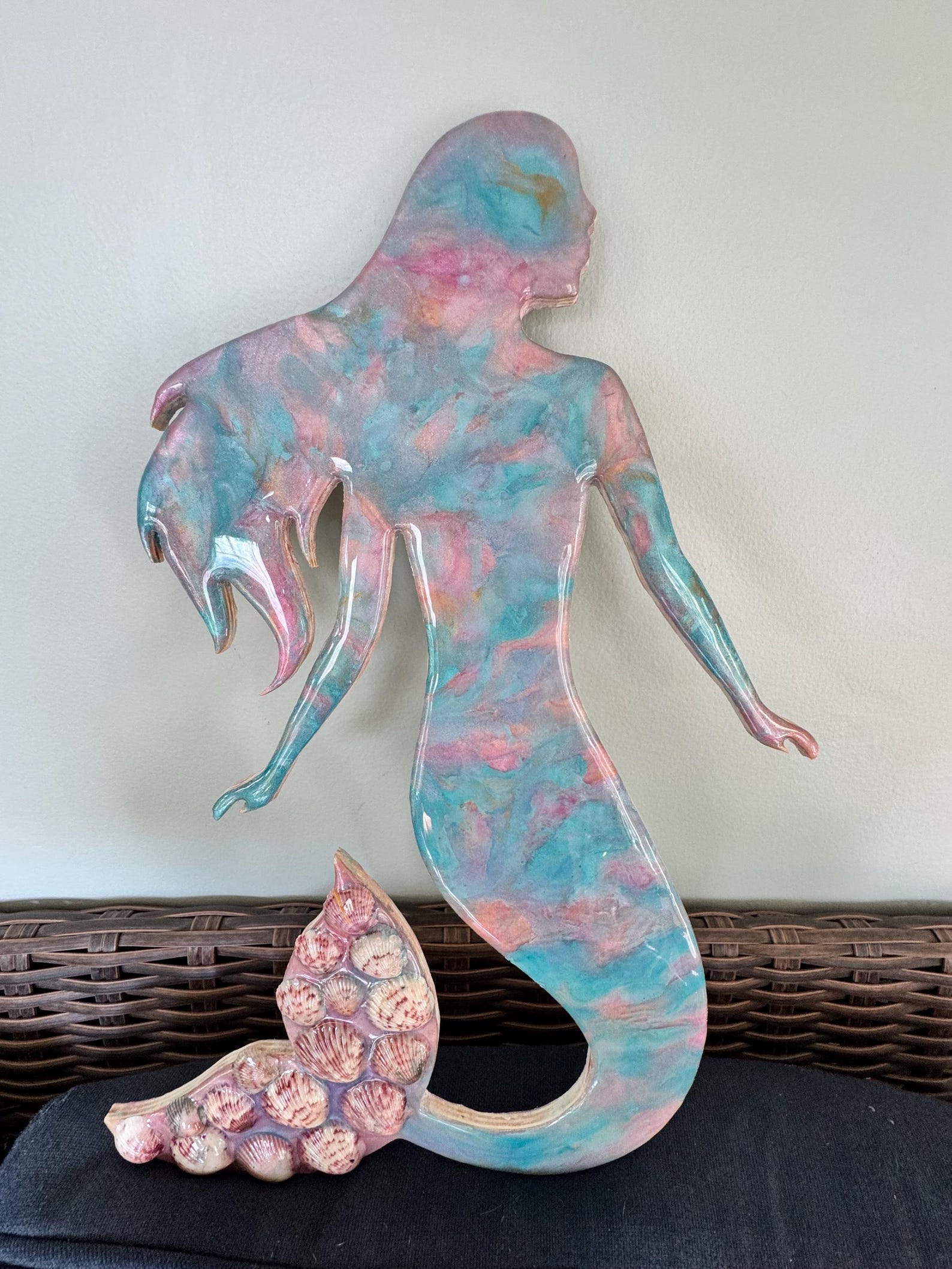 Handmade Wood Mermaid Art - Coastal Resin - Seashell Decor in Pale Pink ...