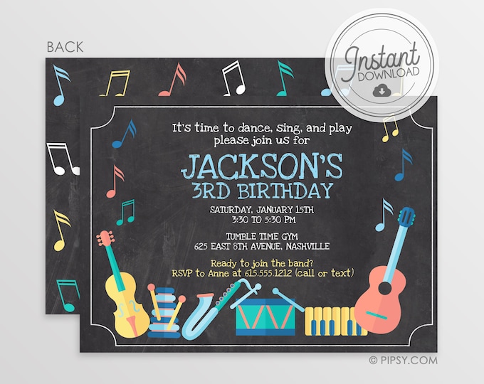 Editable Music Birthday Party Invitation Kids Musical Instruments ...
