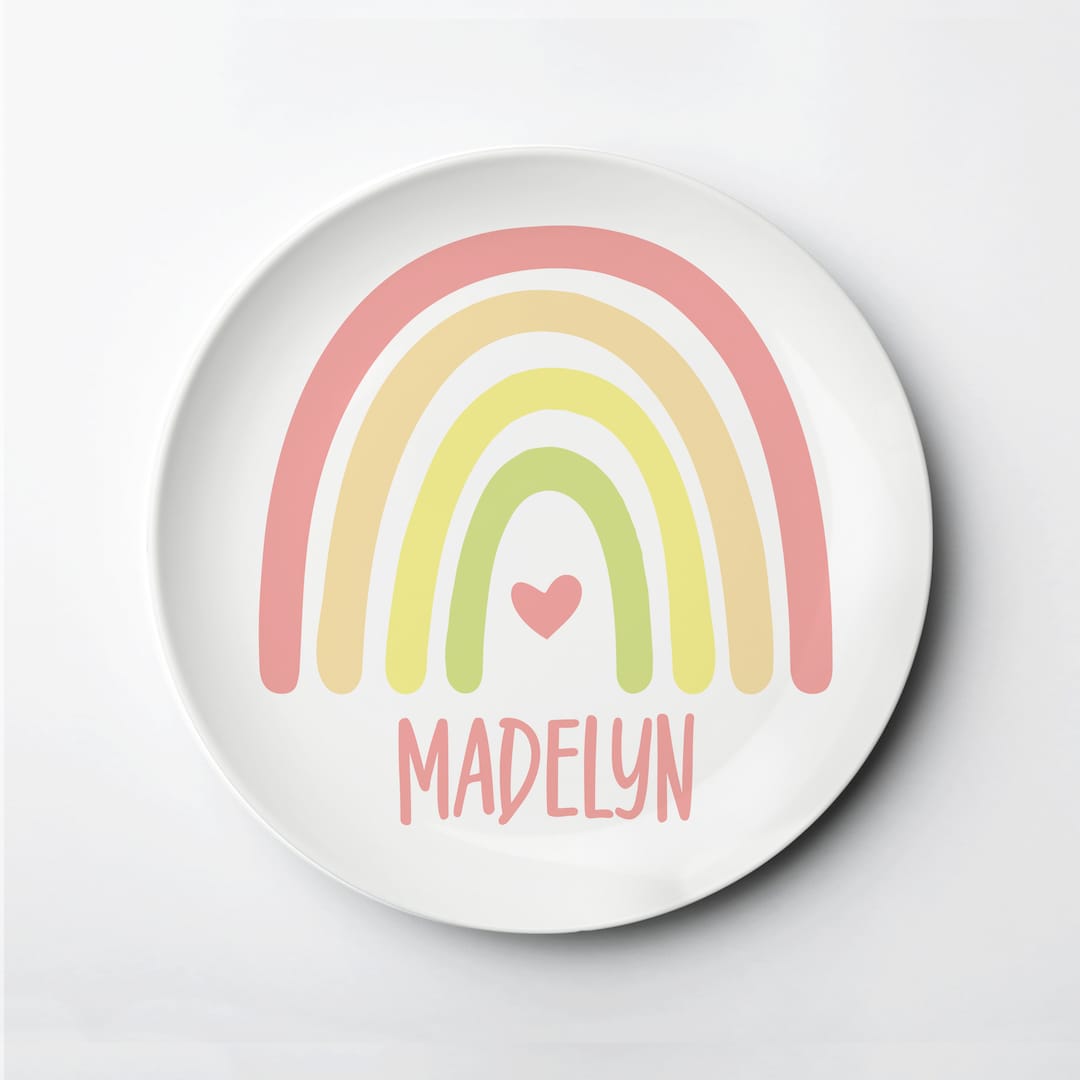 Personalized Kids Plate, Pastel Boho Rainbow Design, Reusable, Decoware ...