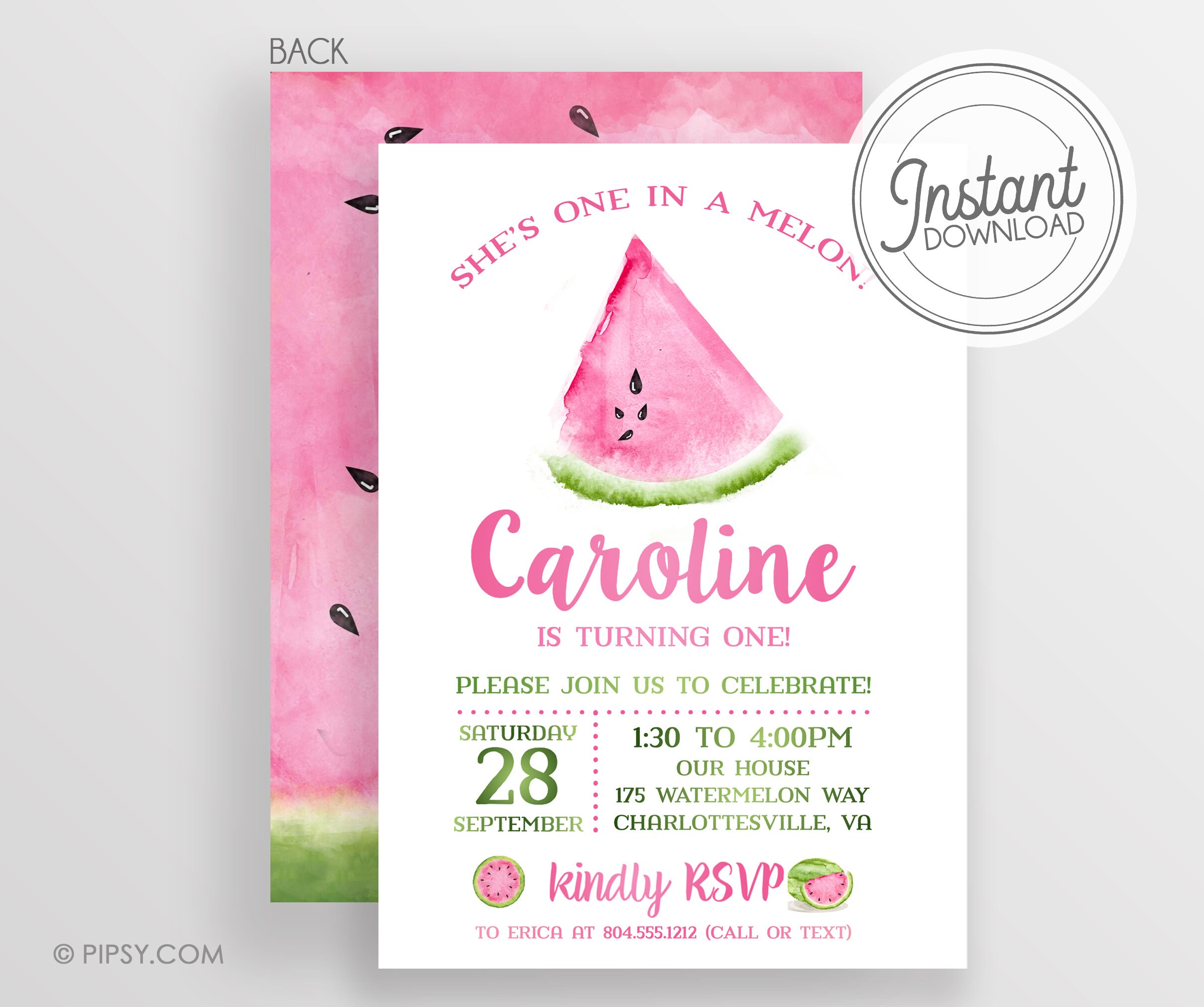 Sweet One Watermelon Birthday Invitation Personalized Watermelon ...