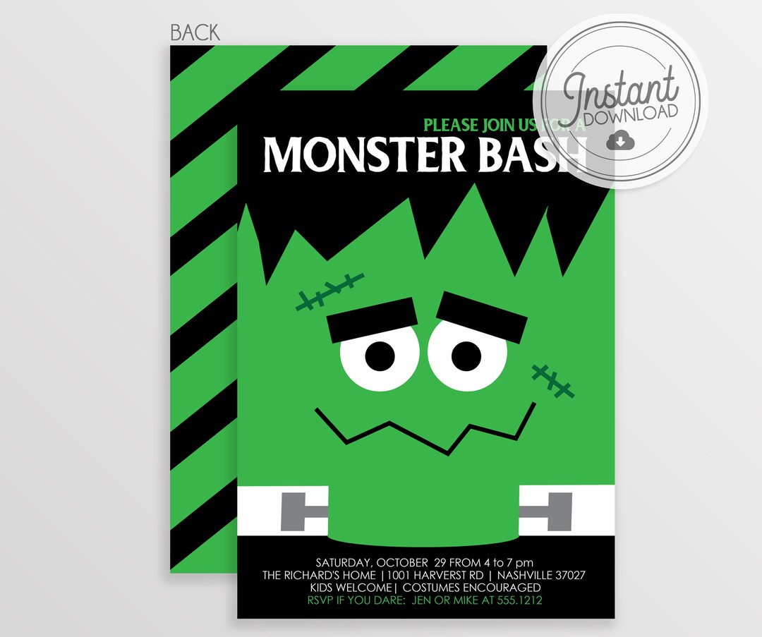 DIY Halloween Invitation, Frankenstein, Costume Party Monster, Kids ...