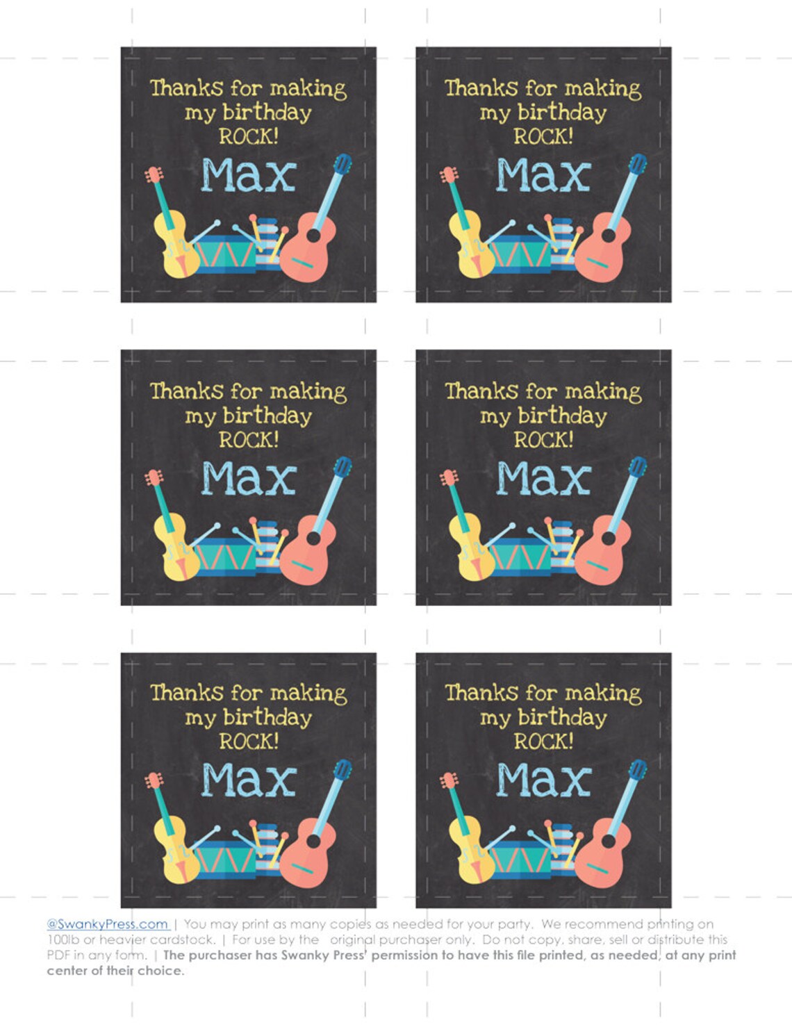 Musical Instruments Chalkboard Party Square Gift Tag Set - Printable ...
