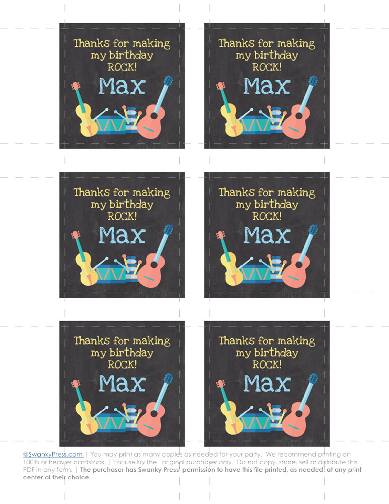 Musical Instruments Chalkboard Party Square Gift Tag Set - Printable ...