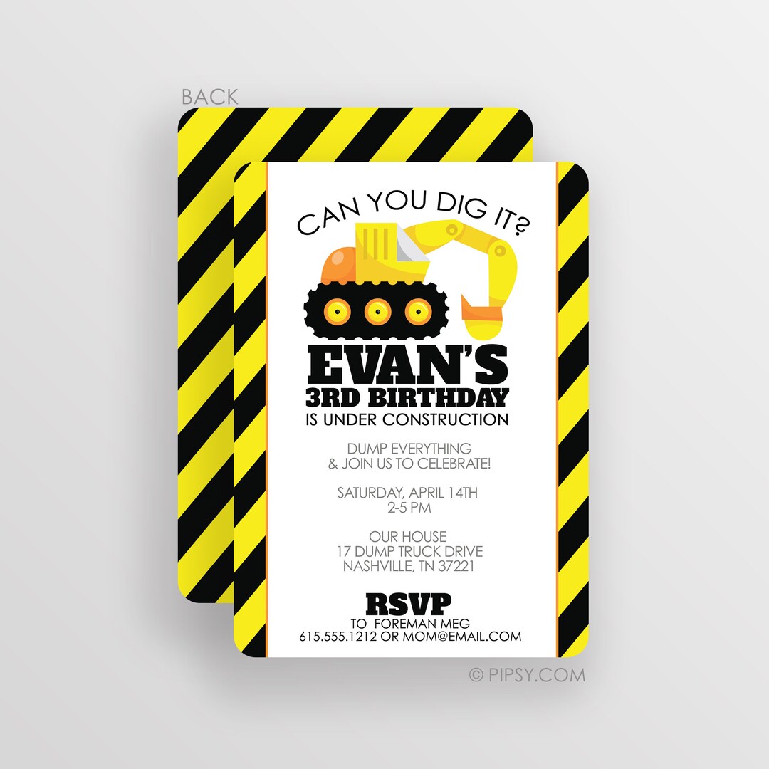 Construction Backhoe Boys Birthday Party Invitation, You Choose Premium ...