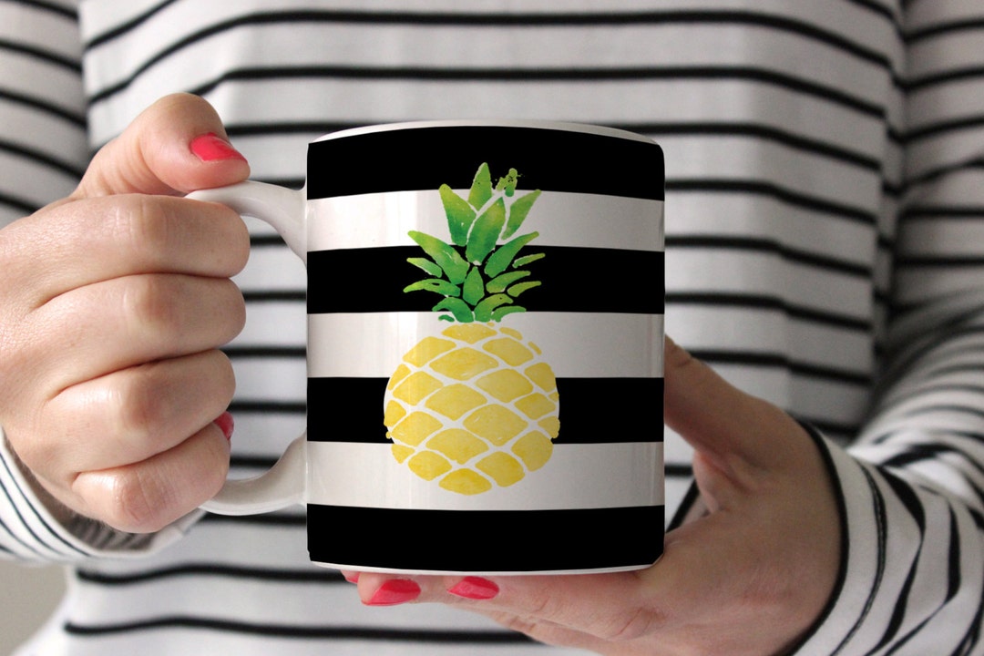 Pineapple Coffee Mug: Watercolor Design on Black Stripes - Etsy