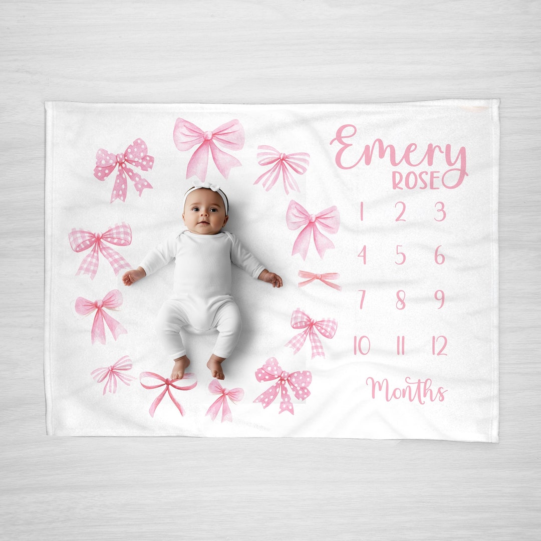 Pink Bow Milestone Blanket, Personalized Baby Girl Month Blanket ...