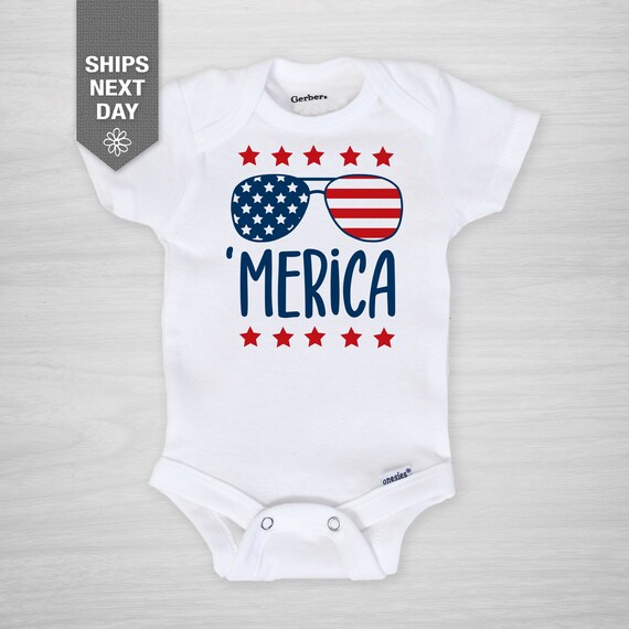 4th of July Onesie®, 'Merica with aviator glasses and flag, Baby Infant ...