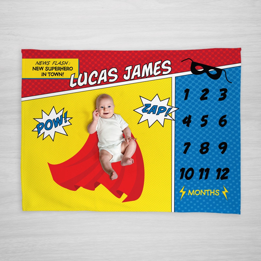 Baby Month Milestone Blanket, Superhero, Personalized Baby Blanket ...