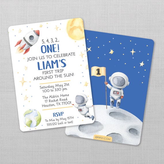 First Trip Around the Sun Birthday Invitation for a Boy, Space Astronaut Party Invite, First ...