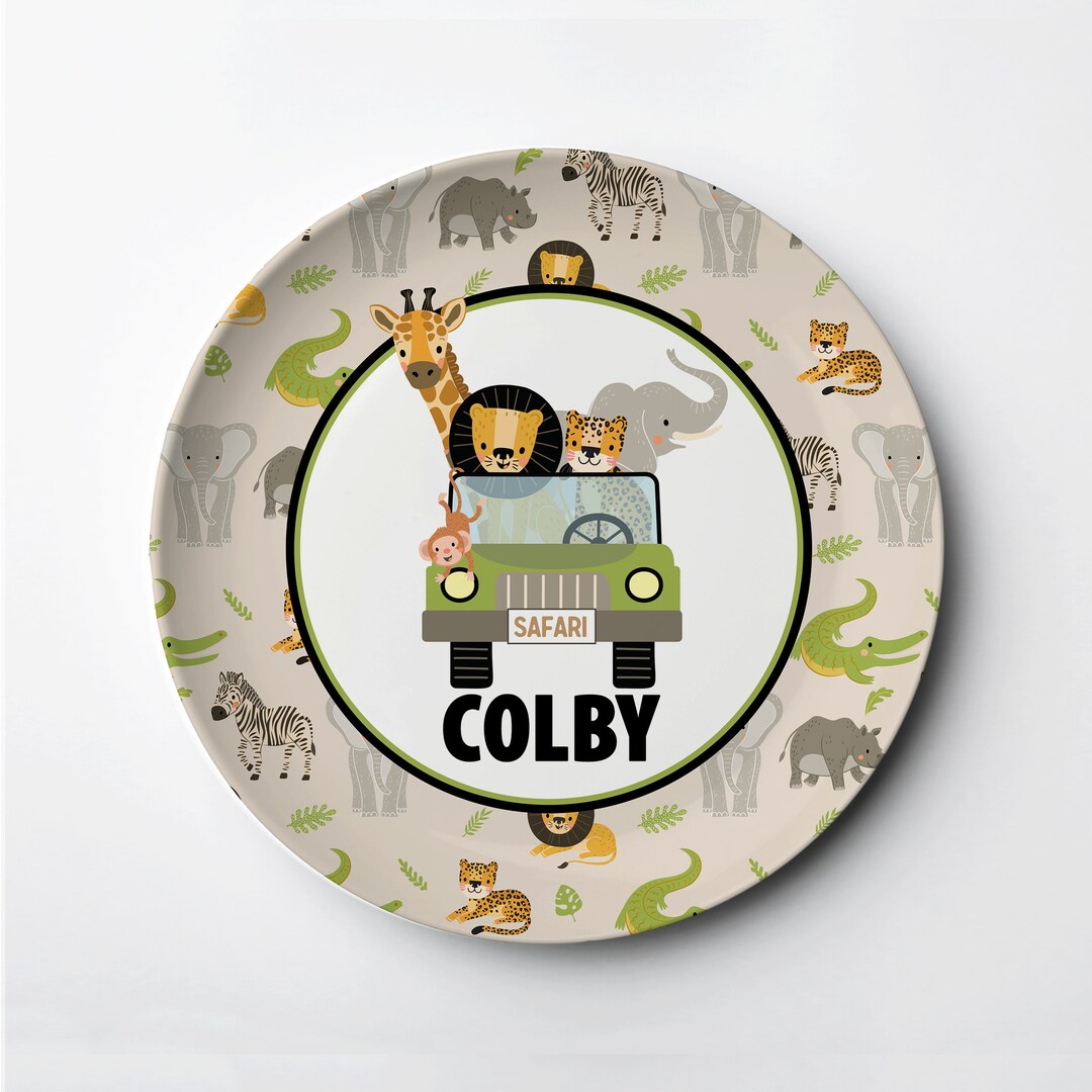 Personalized Kids Plate, Safari Plate, Green Jeep With Elephant ...