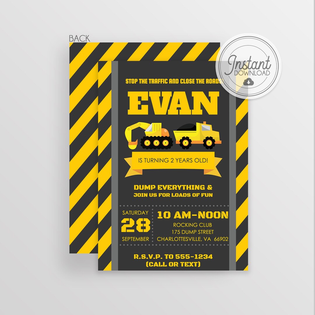 Construction Party Invitation - Dump Truck and Backhoe Invitation - Boy ...