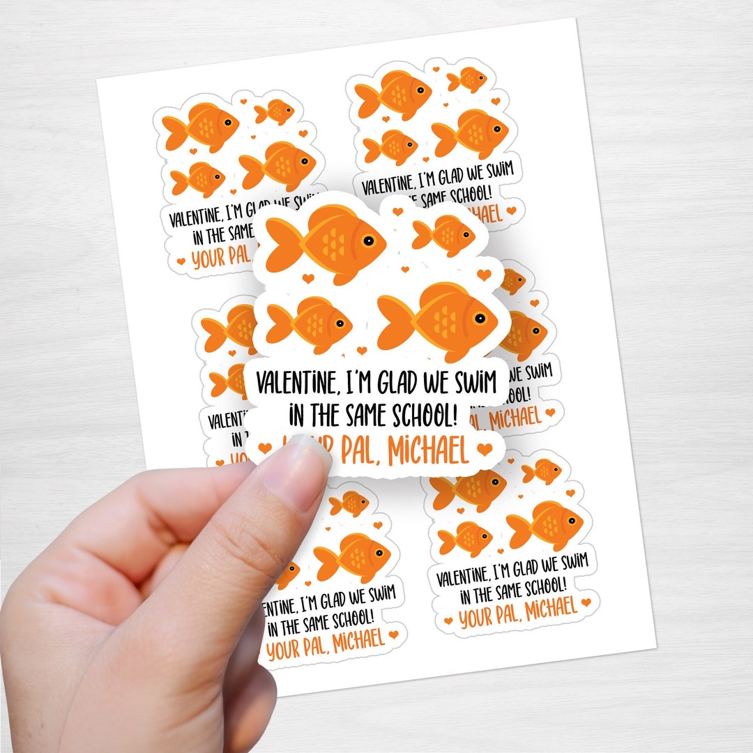 Goldfish Valentine Stickers, Die Cut and Personalized, "i'm Glad We're ...