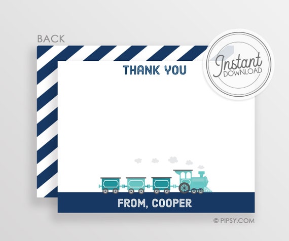 Train Thank you note, Navy and Aqua Train Birthday Party, DIY - Instant ...