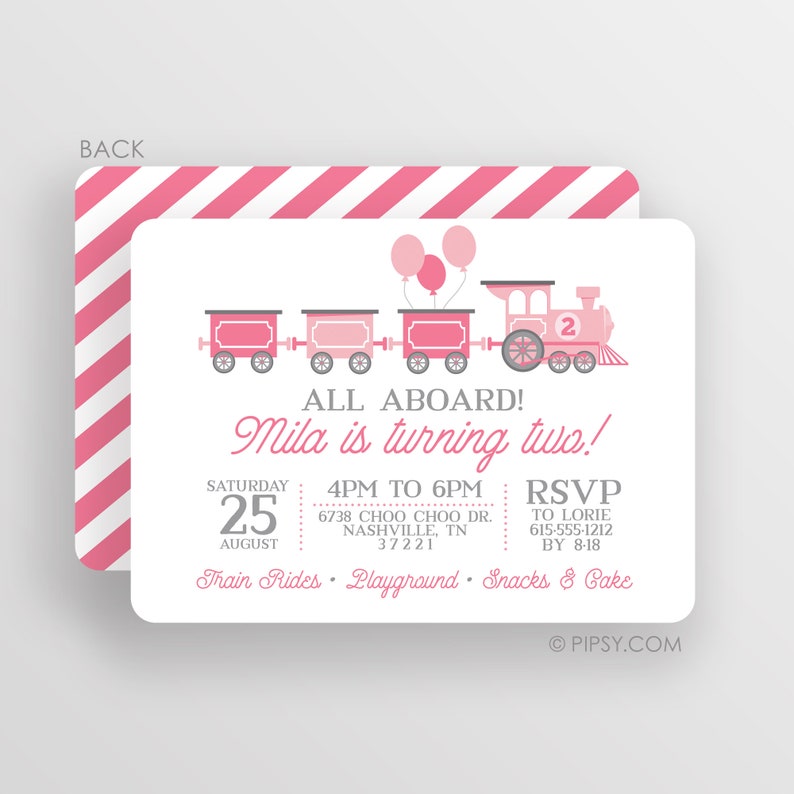 Pink Train Birthday Invitation: Girl's Party, Balloons (JPG or Printed ...