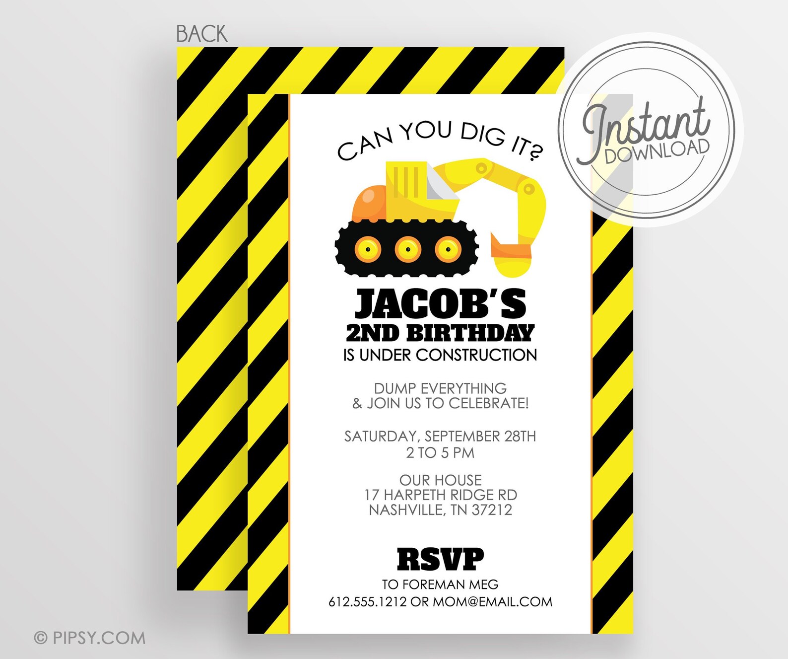 Construction Party Invitation Backhoe Invitation Boy | Etsy