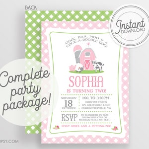 DIY Farm Party Invitation - FULL Party Package, Girl With Pink Barn ...