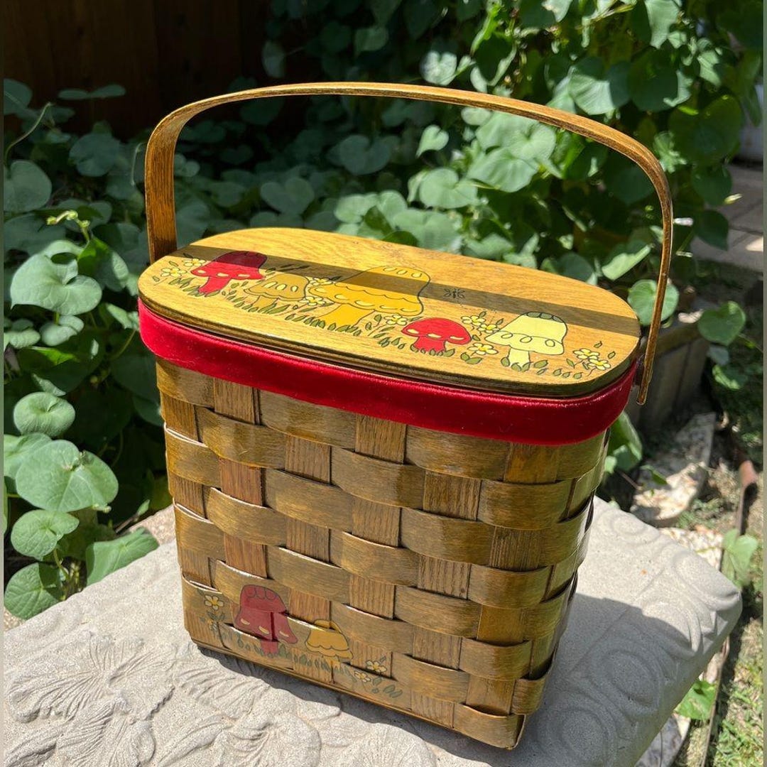 Vintage Wood Folk Art Basket Handbag Painted Cottage Core Boho Picnic ...