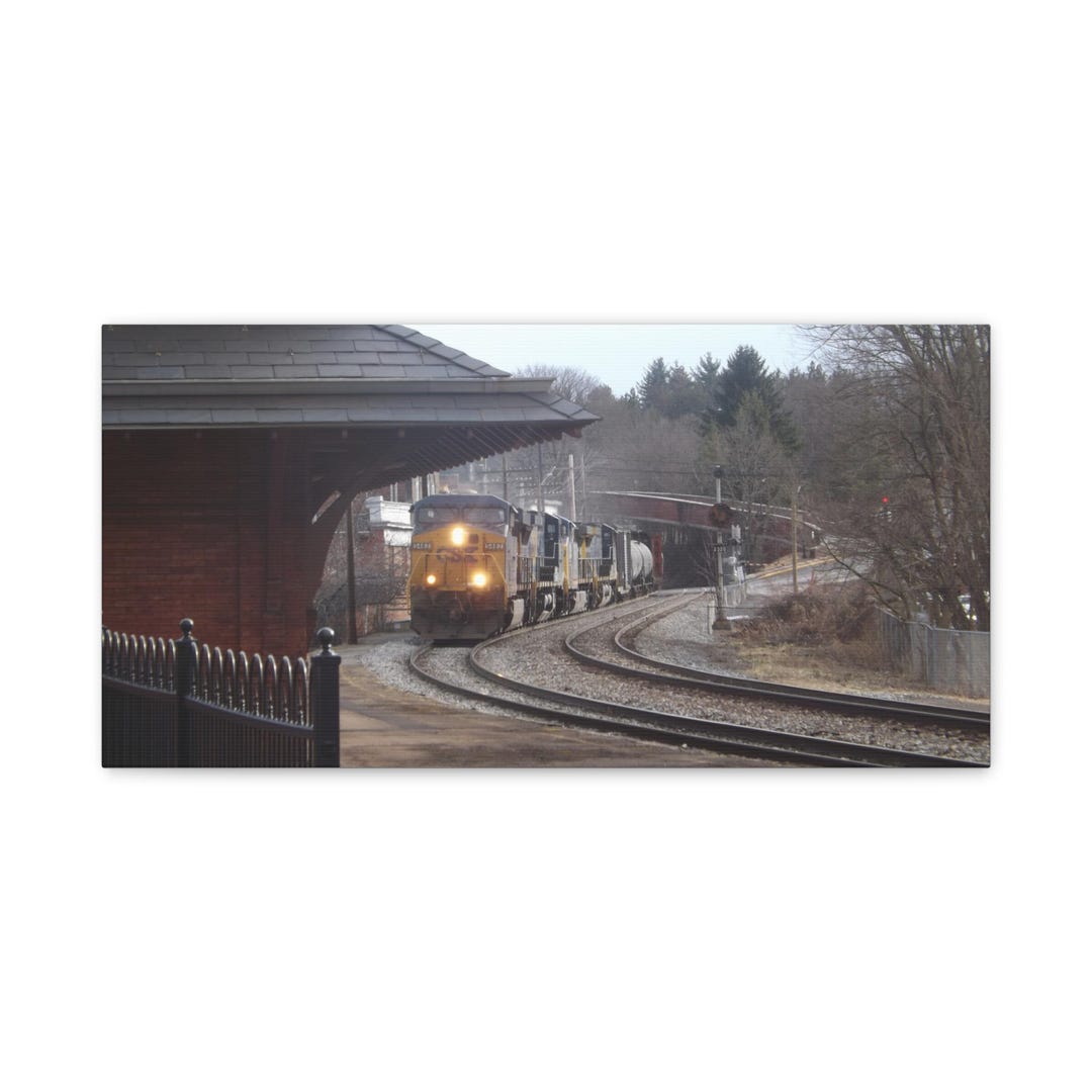20"x10" Freight Train Curving Along Tracks Canvas | Matte Stretched ...