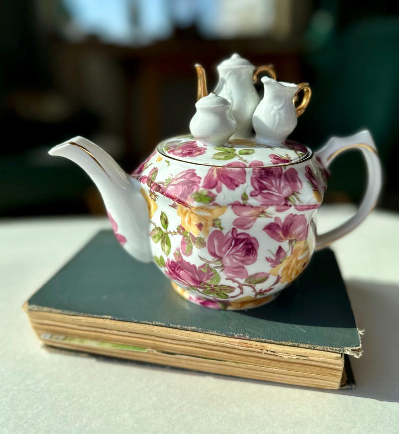 Old Country Roses Teapot With a Miniature Tea Set on Top.#48 - Etsy