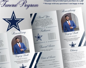 Navy and Grey Sports Star Funeral Program Editable Canva Obituary ...