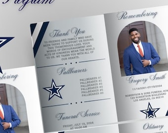Navy and Grey Sports Fan Funeral Program Editable Canva Obituary ...