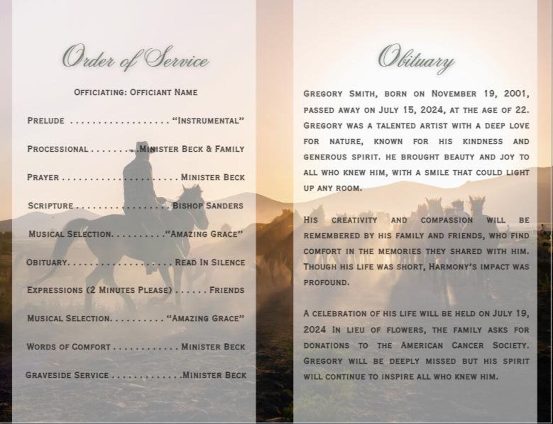 Western Funeral Program Template – Canva Obituary (digital Download) - Etsy