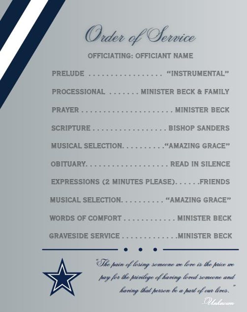 Navy & Gray Sports Fan Funeral Program Template - Canva Editable (11x17 ...