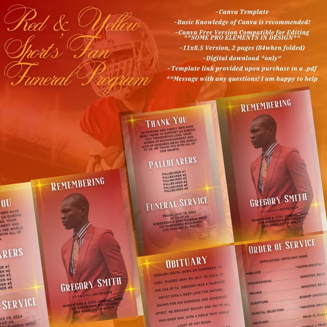 Red & Yellow Sports Fan Funeral Program – Editable Canva Template ...