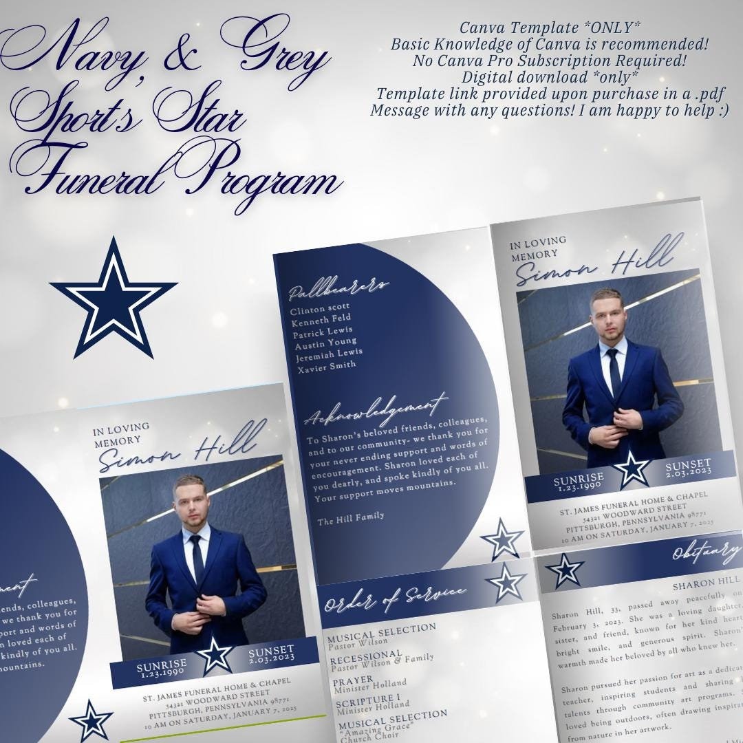 Navy and Grey Sports Star Funeral Program Editable Canva Obituary ...
