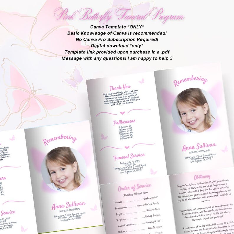 Pink Butterfly Funeral Program Template – Child Obituary (canva ...