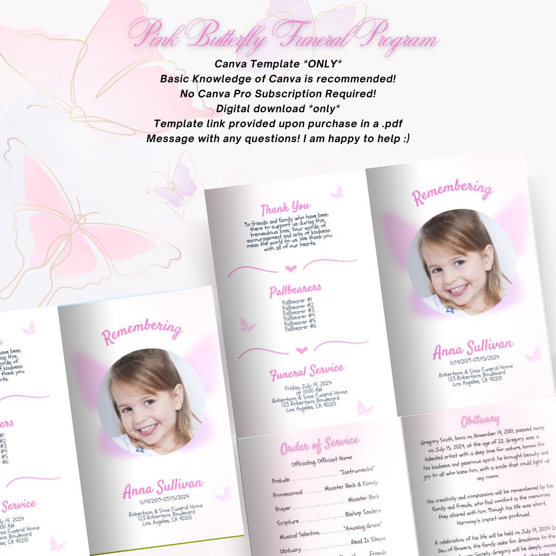 Pink Butterfly Funeral Program Template – Child Obituary (canva ...