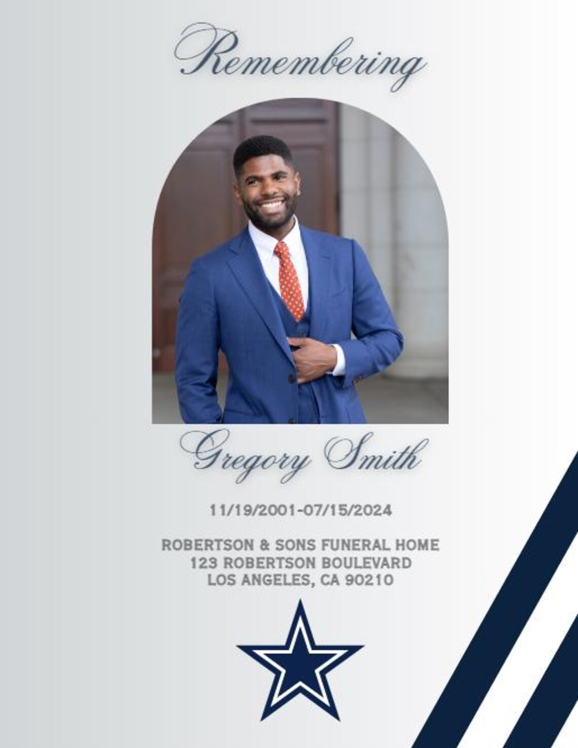 Navy & Gray Sports Fan Funeral Program Template - Canva Editable (11x17 ...