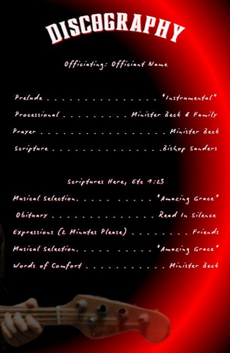Rock in Peace Funeral Program Template, Black & Red (canva Digital ...