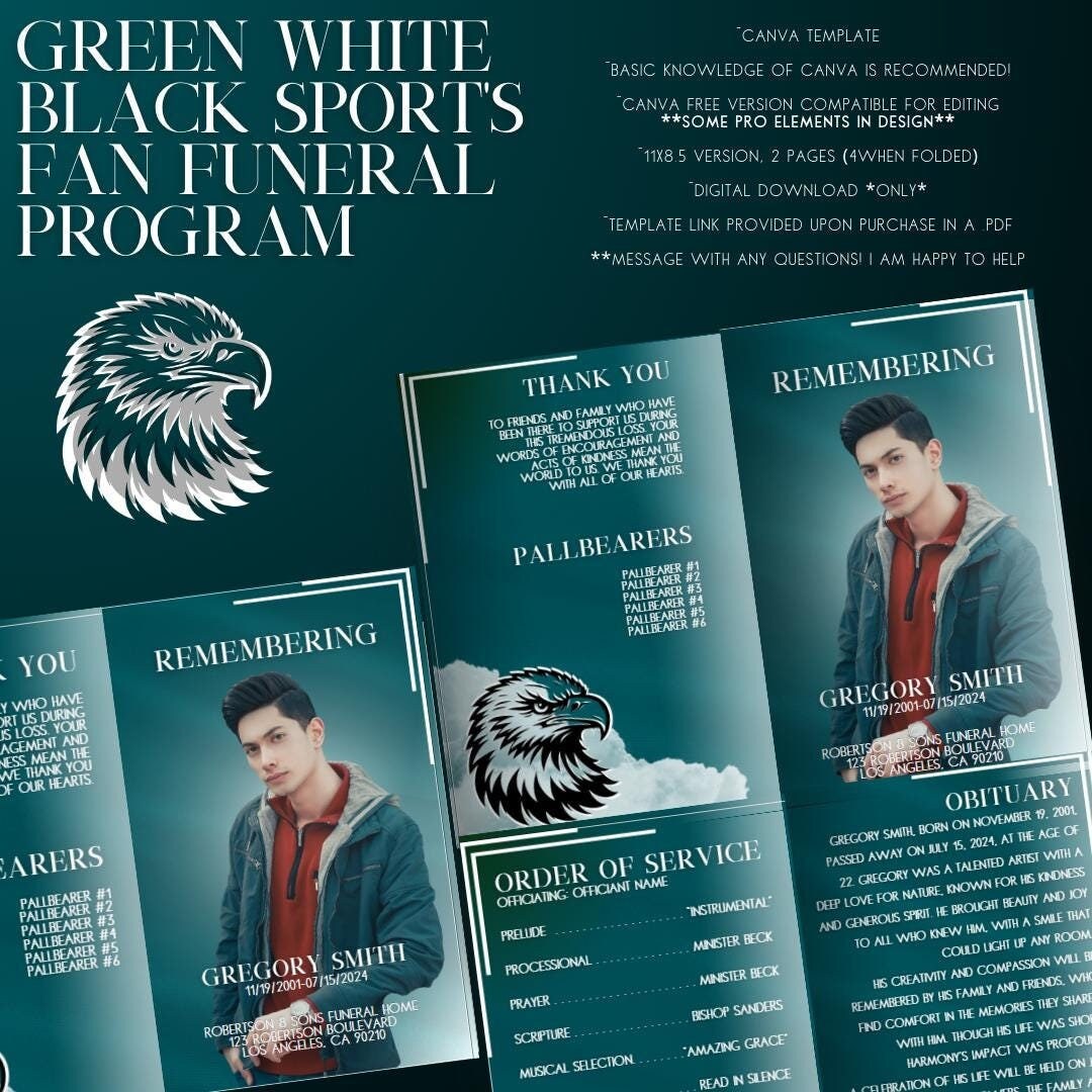 Sports Fan Funeral Program Template – Green, White, Black (canva ...