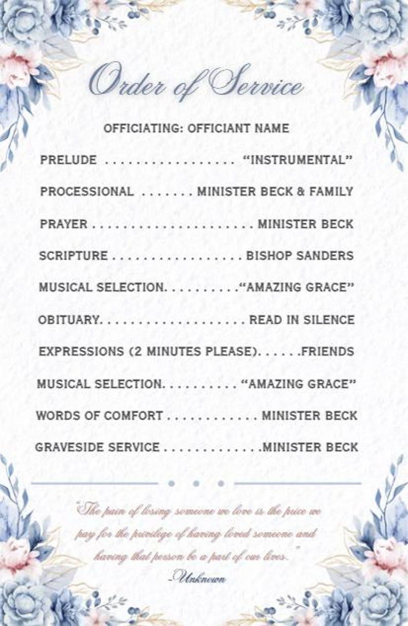 Blue & Pink Floral Funeral Program Template – Editable Obituary (canva ...