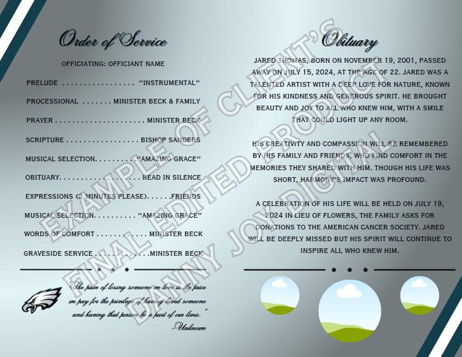 Teal and Silver Sports Fan Funeral Program Editable Canva Obituary ...