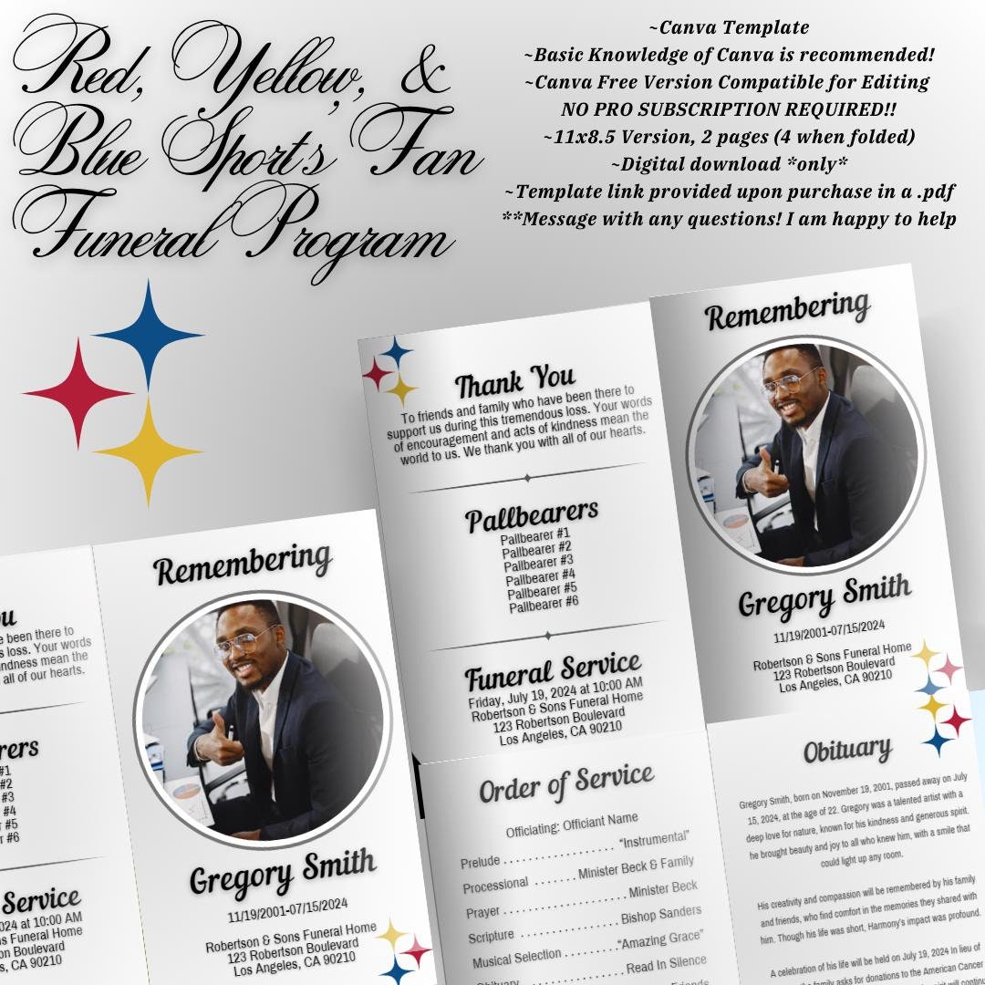 Sports Fan Funeral Program Template – Red, Yellow, Blue (editable Canva ...