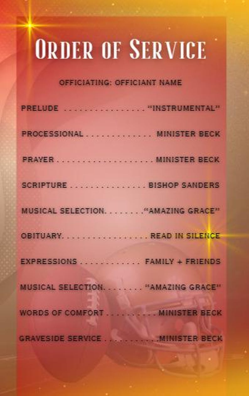 Red & Yellow Sports Fan Funeral Program Editable Canva Obituary ...