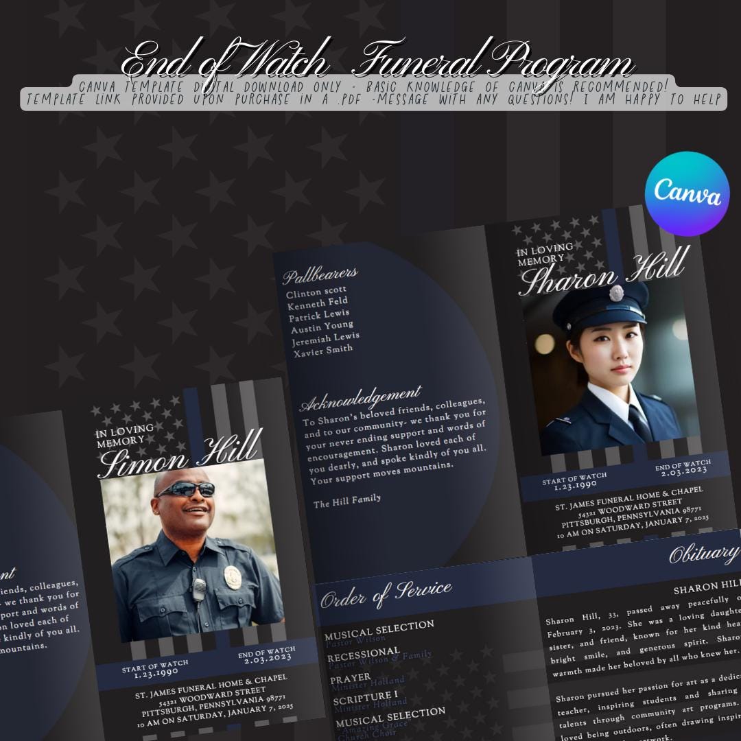 End of Watch Funeral Program Editable Canva Obituary Template ...