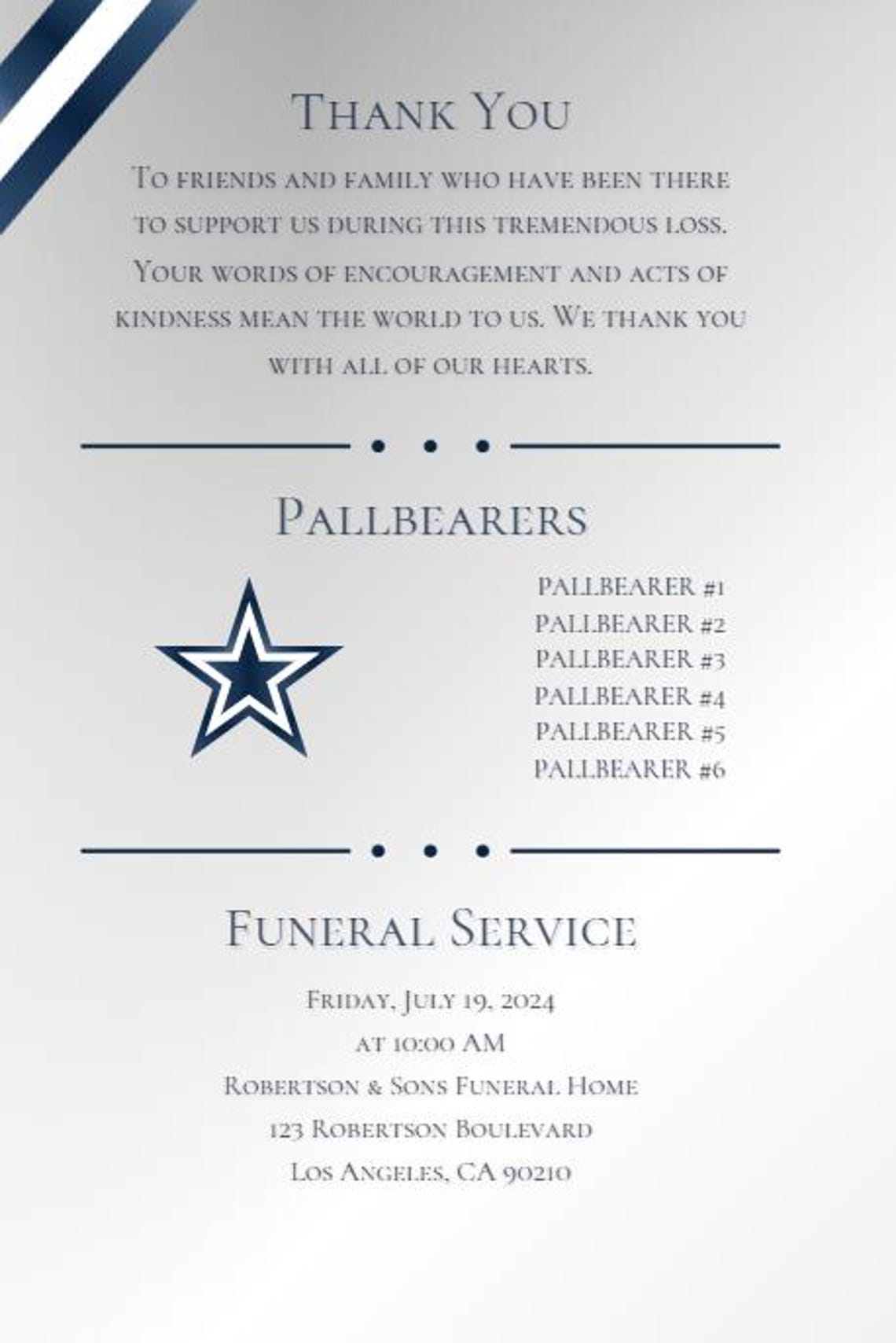 Sports Fan Funeral Program – Navy & Grey Obituary Template (digital ...