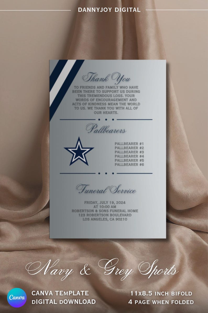 Navy and Grey Sports Fan Funeral Program Editable Canva Obituary ...