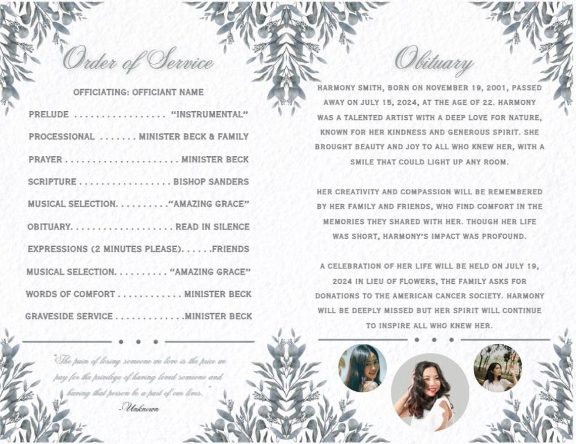 Nature's Elegance Funeral Program- 8.5x11 Half Fold Program, Feminine & Masculine Beautiful ...