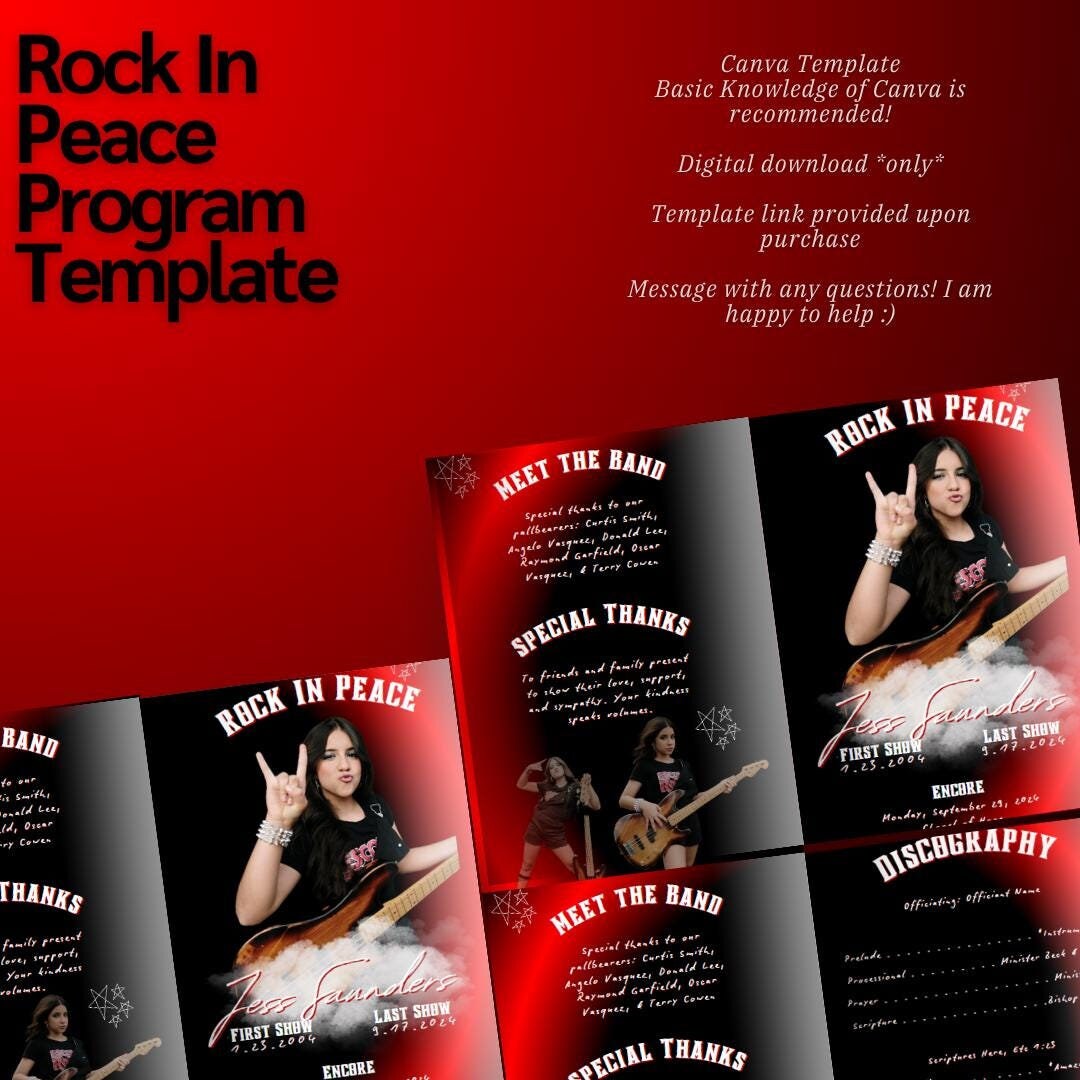 Rock in Peace Funeral Program Template, Black & Red (canva Digital ...